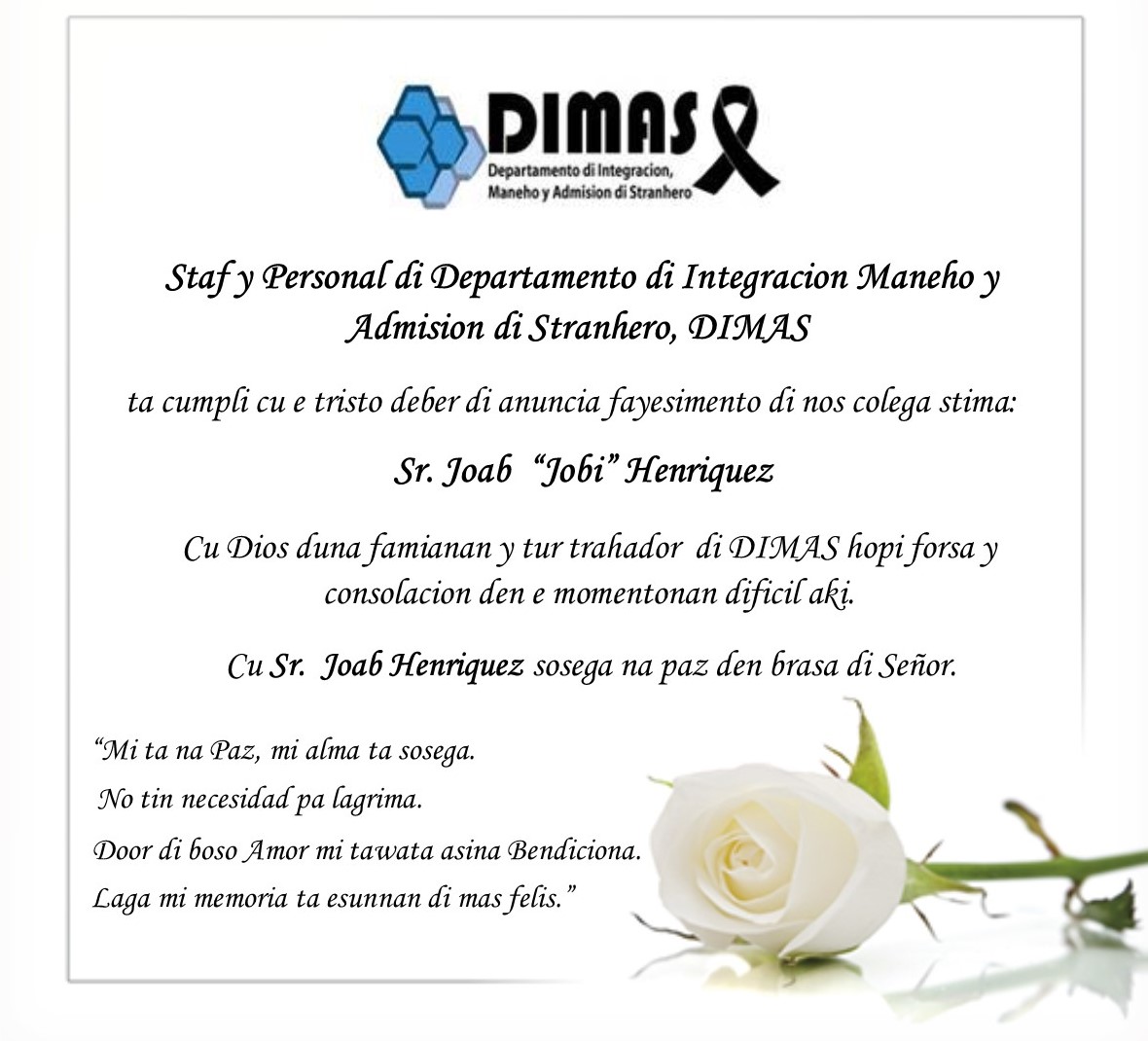 aviso di morto Joab Henriquez | DIMAS